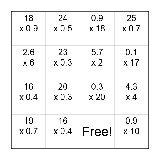 Multiply Decimals By Whole Numbers Bingo Card Multiply Decimals By Whole Numbers Bingo Card