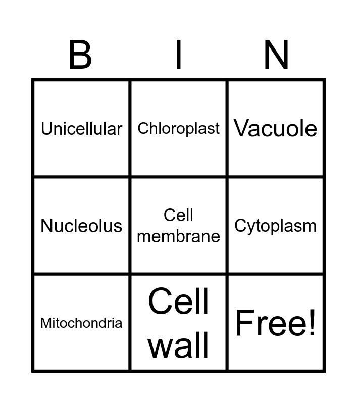 Plant Cell Bingo Card