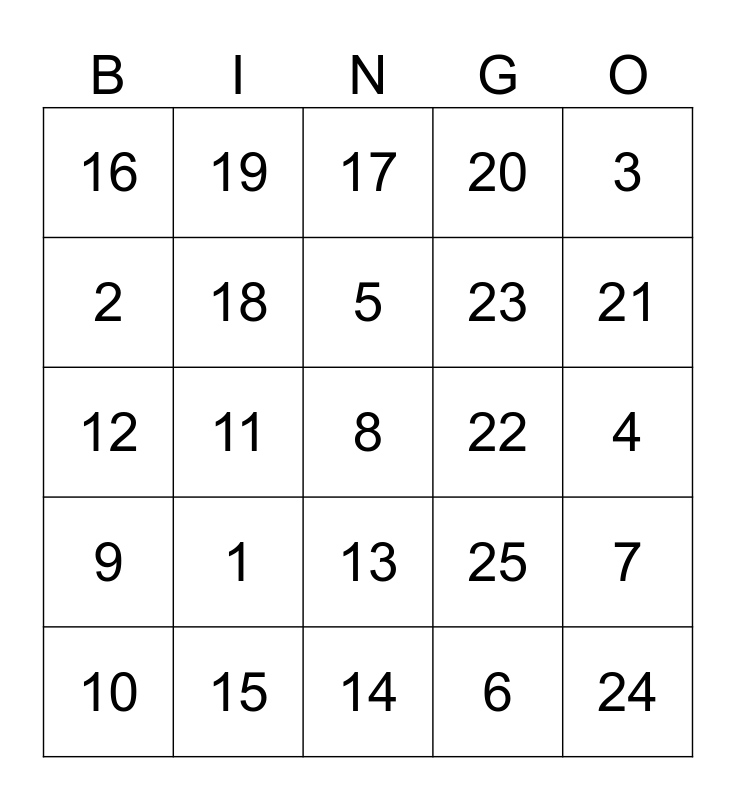 Number Bingo Card