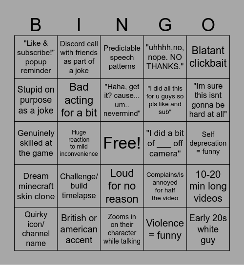 Small minecraft youtuber Bingo Card