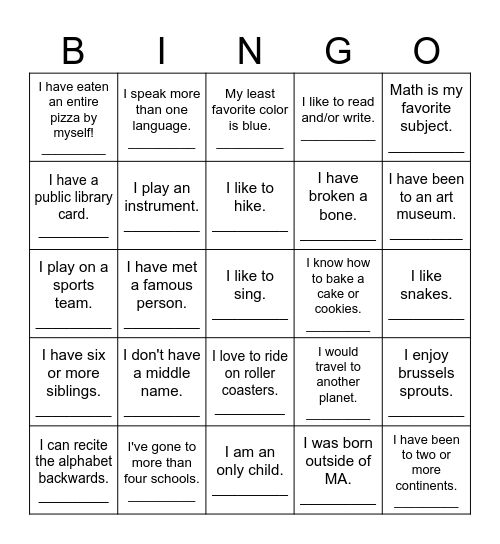 Classmate Scavenger Hunt Bingo Card