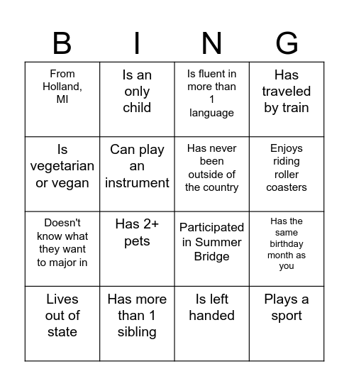 FOCUS Program Bingo Card