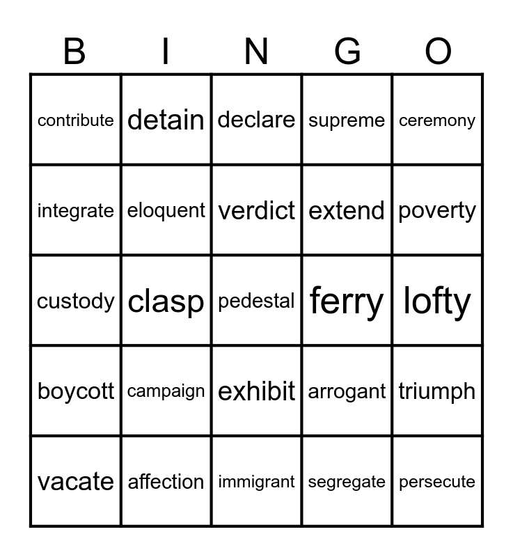 6th Grade Wordly Wise Bingo Card