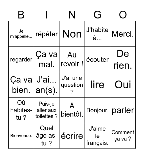 Premier jour de français Bingo Card
