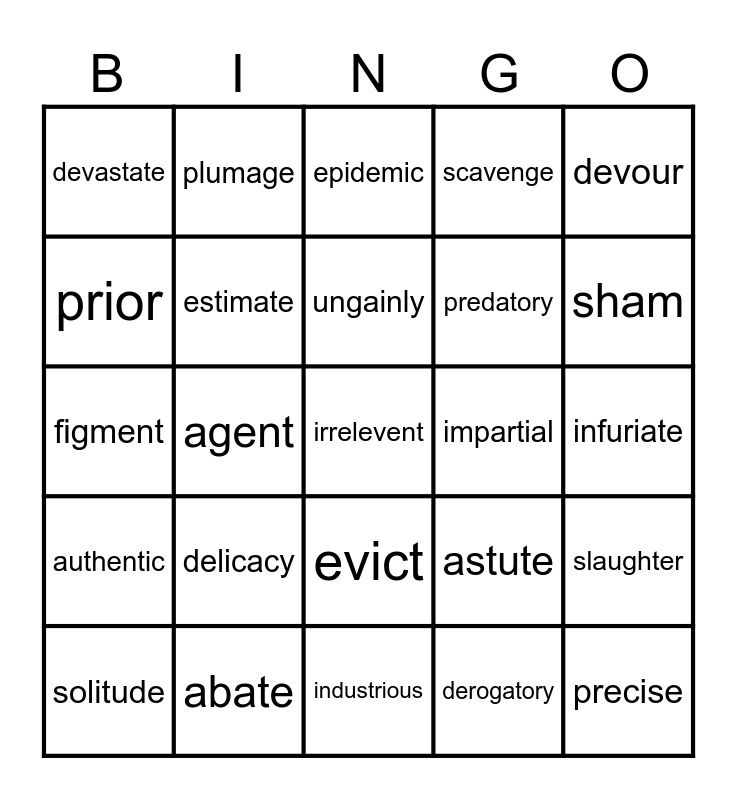 7th Grade Wordly Wise Bingo Card