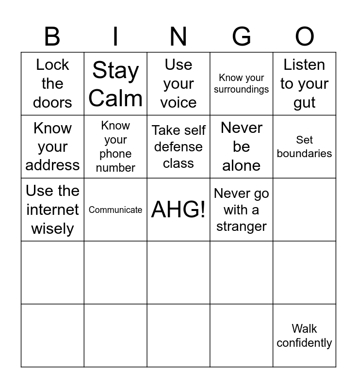 AHG Personal Safety Bingo Card