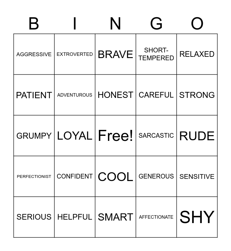 Personality Adjectives Bingo Card