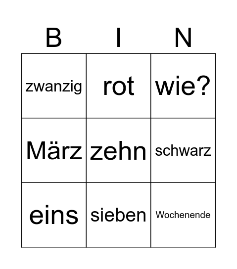 Deutsch Bingo Card