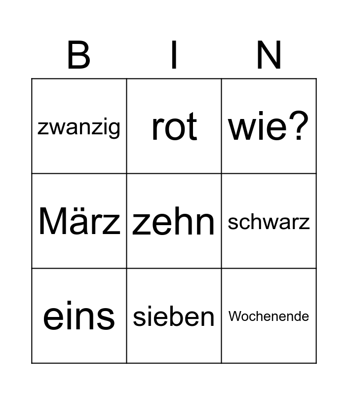 Deutsch Bingo Card