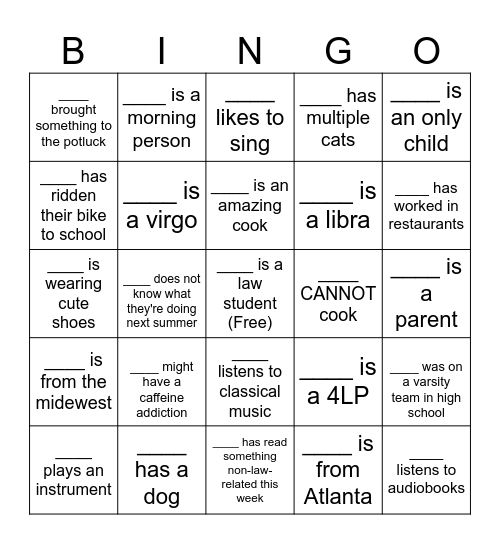NLG Bingo (write-in people's initials!) Bingo Card
