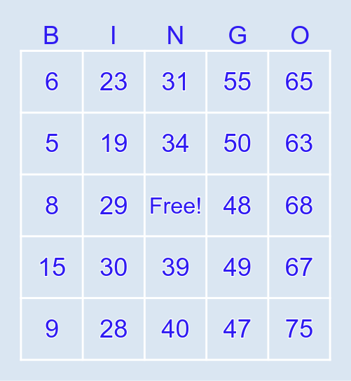 Number Bingo 1-75 Bingo Card