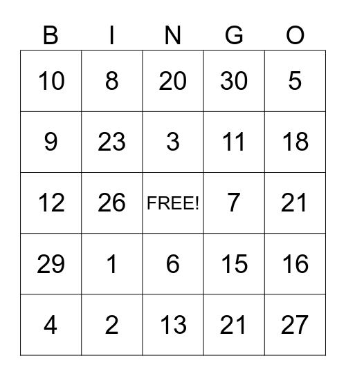 numbers 1 - 30 Bingo Card