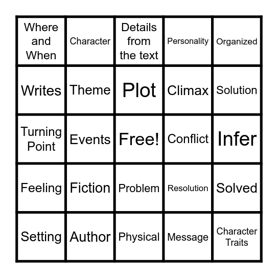 Fiction Vocabulary List 1 Bingo Card