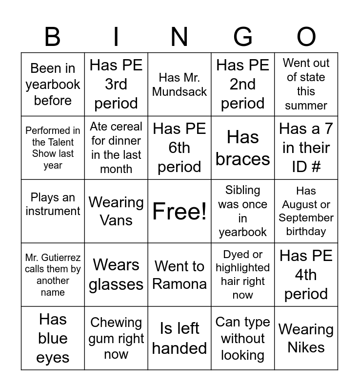 Yearbook Personality Bingo Card