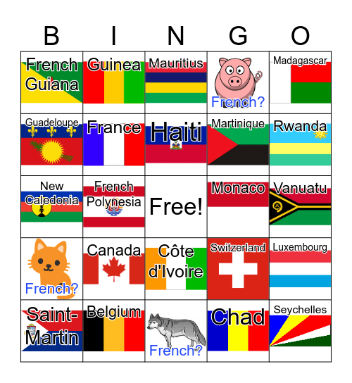 Pays Francophones 2023 Bingo Card