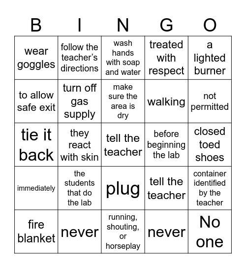 Lab Safety Bingo Card