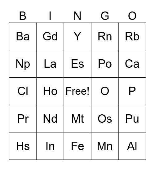 Periodic Table of Elements Bingo Card