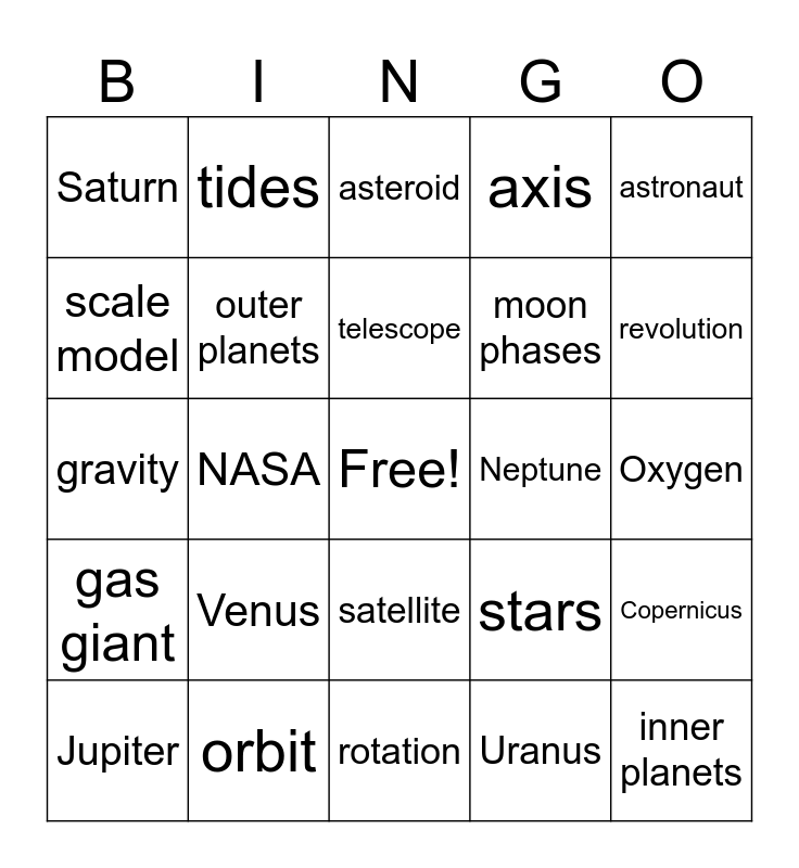 Astronomy Bingo Card