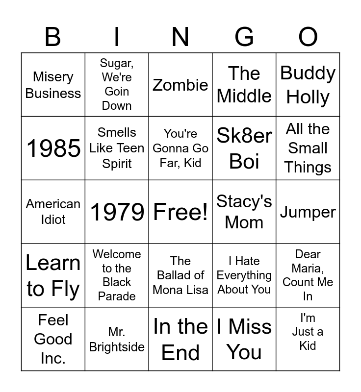 Maddy Alternative Rock 1 Bingo Card