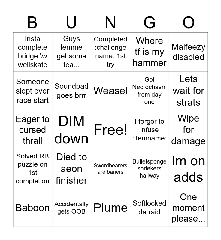 Crota's End Day One Bingo Card