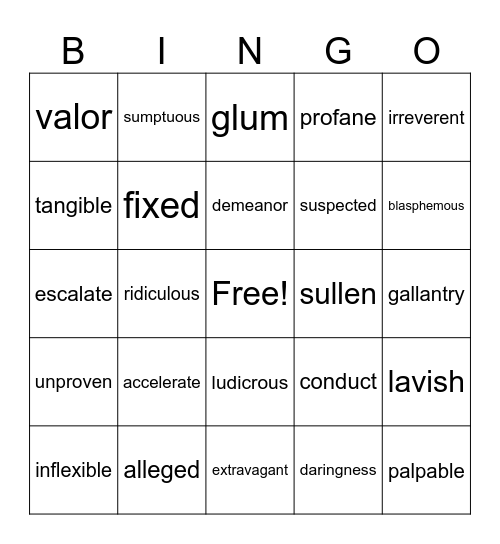 English 8: Vocabulary List 2 Bingo Card