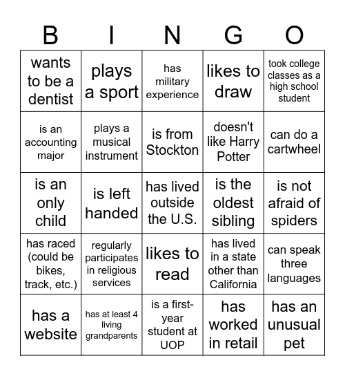 Find a classmate who . . . Bingo Card