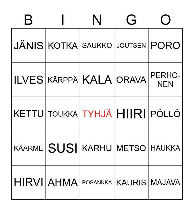 Metsän eläimet suomeksi + ekstra-Posankka Bingo Card
