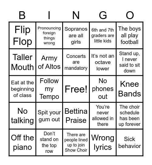 Choir Bingo Card