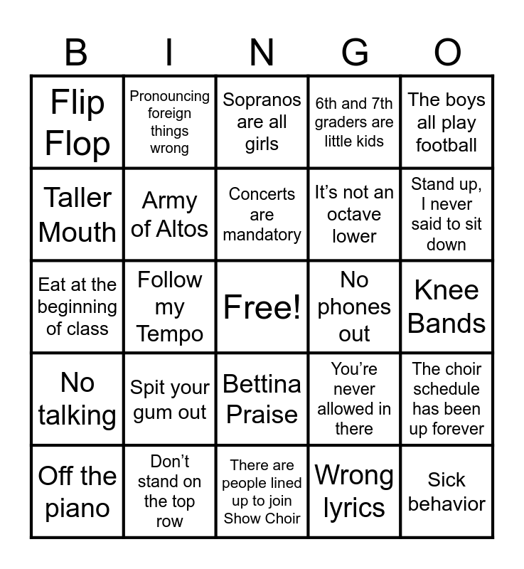 Choir Bingo Card