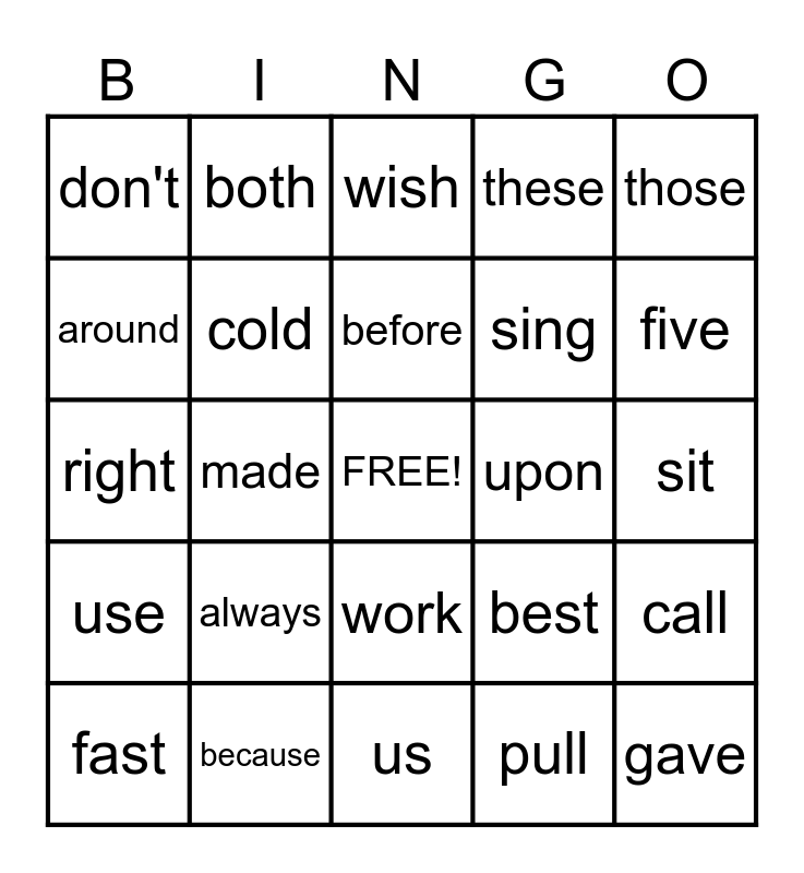 Dolch Sight Words Bingo Card