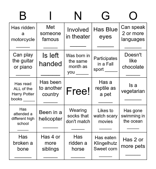 Human Scavenger Hunt Bingo Card
