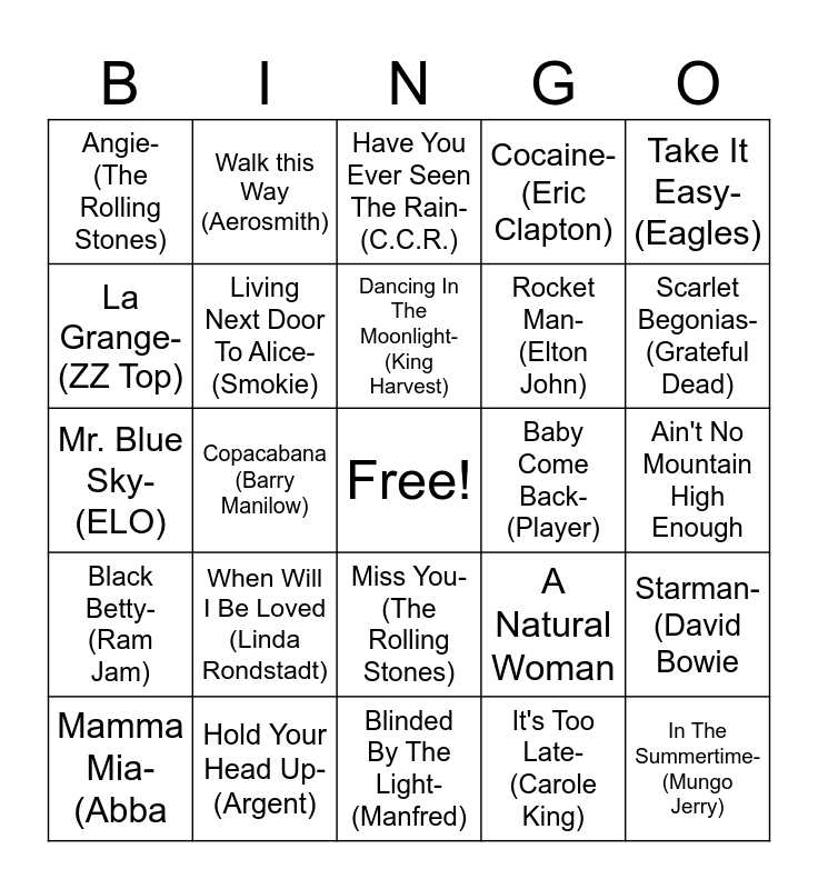 1970's Bingo Card