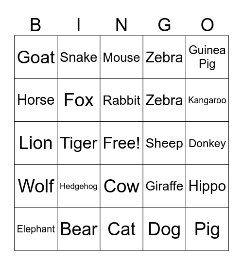 Animals Bingo Card