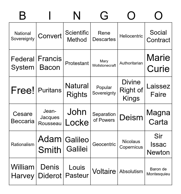 Enlightenment Bingo Key Bingo Card