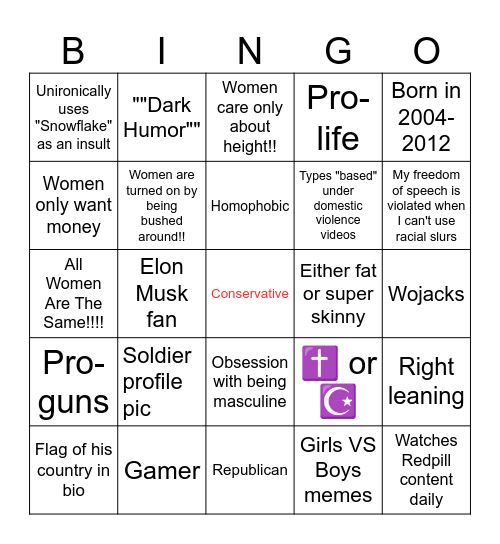 Instagram Incel Bingo Card