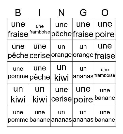 LES FRUITS Bingo Card