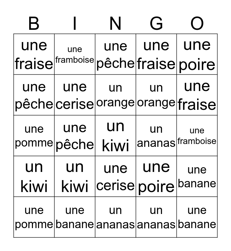LES FRUITS Bingo Card