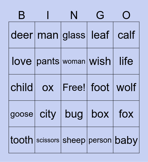 Irregular plural noun review Bingo Card