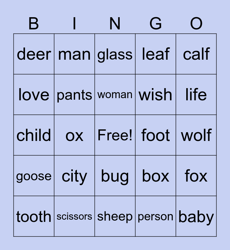 Irregular plural noun review Bingo Card