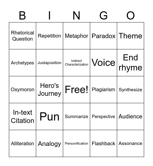 British Literature Bingo (Q1) Bingo Card
