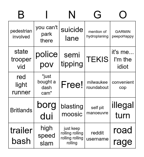 Car Crash Compilation Bingo Card