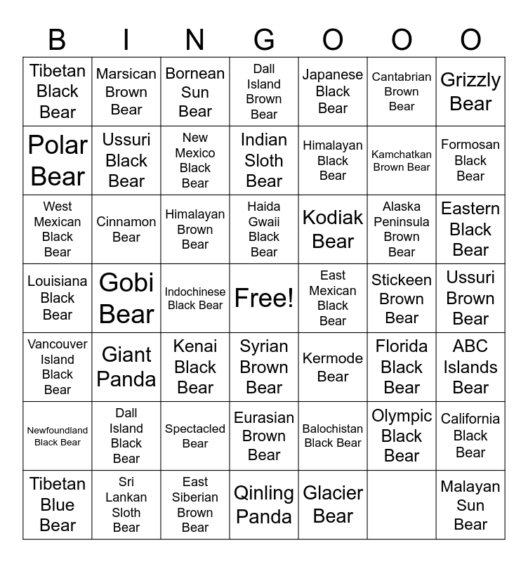 Bear Sub-Species Bingo Card