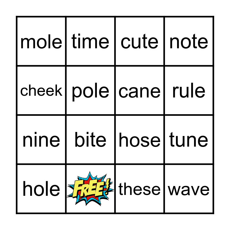 Long Vowel sound Bingo Card