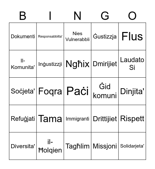 It-Tagħlim Soċjali tal-Knisja Bingo Card