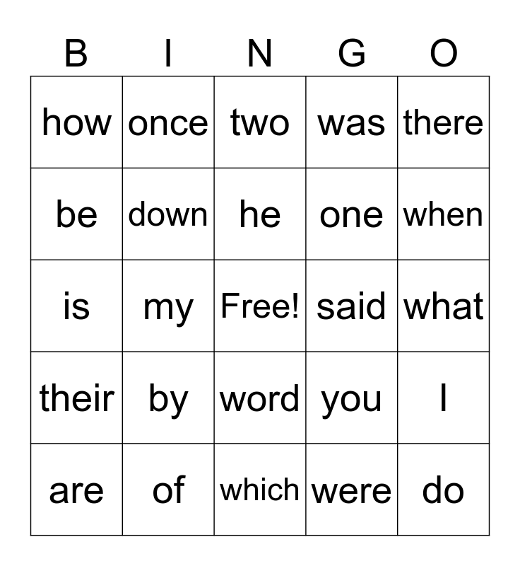 Tricky Word Bingo Card