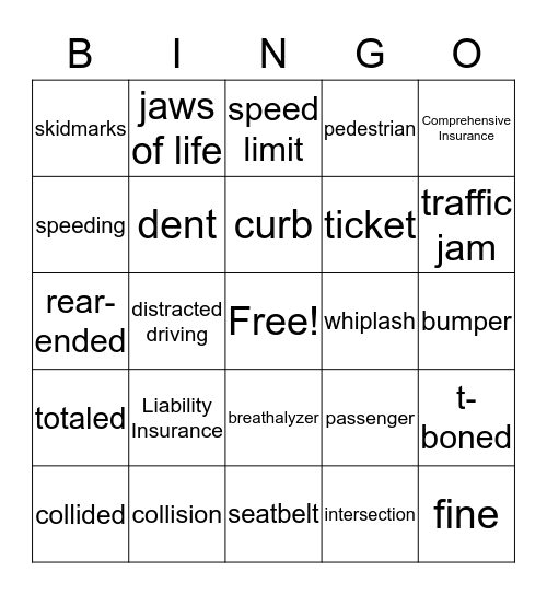 Car Accident Vocabulary Bingo Card