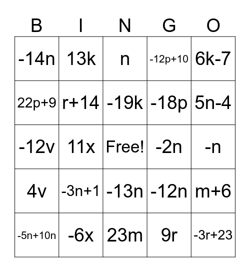 Like Terms Bingo Card