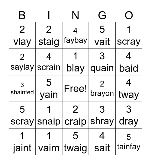 ai/ay -- long a sound Bingo Card