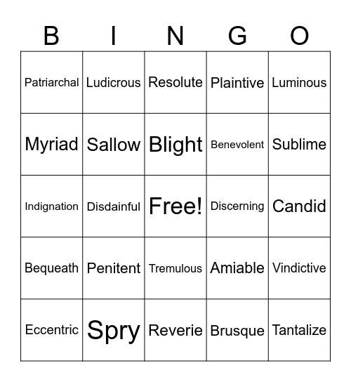 Anne of Green Gables Vocab Ch. 1-15 Bingo Card