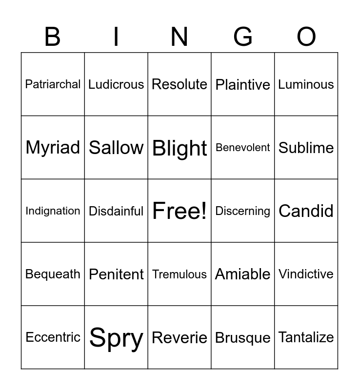 Anne of Green Gables Vocab Ch. 1-15 Bingo Card